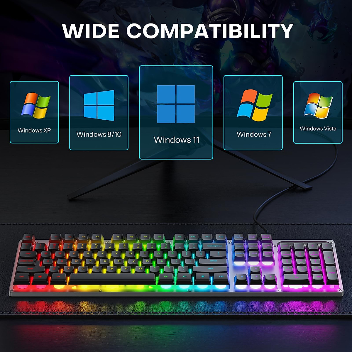 OMOTON Wired Gaming Keyboard, Full Size Keyboard, 26 Anti Ghosting Keys, LED Backlit, 12 Multimedia Keys, Silent Membrane Gaming Keyboard for PC, Desktop, Computer, Black