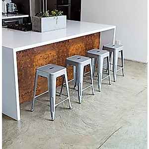 UrbanMod 24 Inches Metal Barstool Set of 4 – Counter Height Backless Bar Stool for Kitchen Island, Breakfast, Outdoors, Pub, Restaurant, Home, Patio – Stackable Heavy Duty Modern & Industrial (Silver)