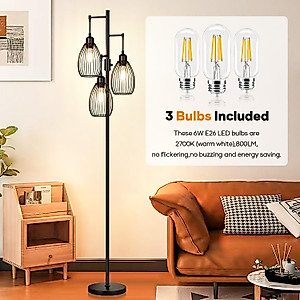 Dimmable Floor Lamp, 3 x 800LM LED Edison Bulbs Included, Farmhouse Industrial Floor Lamp Standing Tree Lamp with Elegant Teardrop Cage Heads Tall Lamps for Living Room Bedroom Office Dining Room