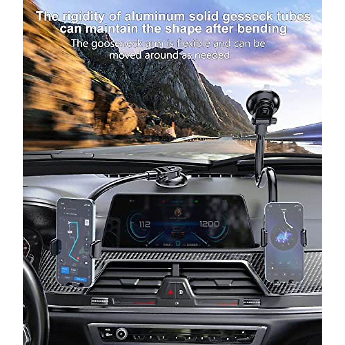 SMORFIT Phone-Mount-for-Car, Long Arm Gooseneck Cell Phone/iPhone Holder Car/Truck for Dashboard/Windshield, Strong Suction Cup Anti-Shake Stabilizer Mobile Stand for Car