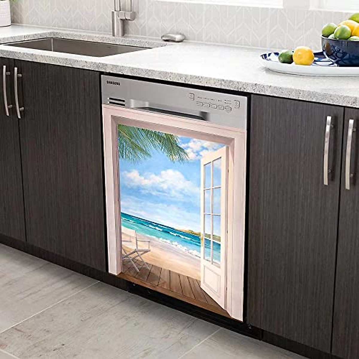 Greture Seaside View Kitchen Dishwasher Front Cover Magnetic Sticker, Refrigerator Panel Decal, Kitchen Utensils Sticker Decoration 23W x 26H Inch