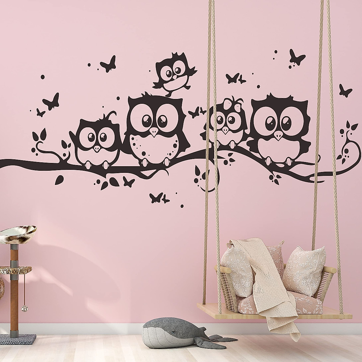 Family Owls On The Tree Branches Wall Decal Removable Cartoon Black Vinyl Owl Wall Art Decor Stickers for Babys Children Rooms Bedroom Living Room TV Background