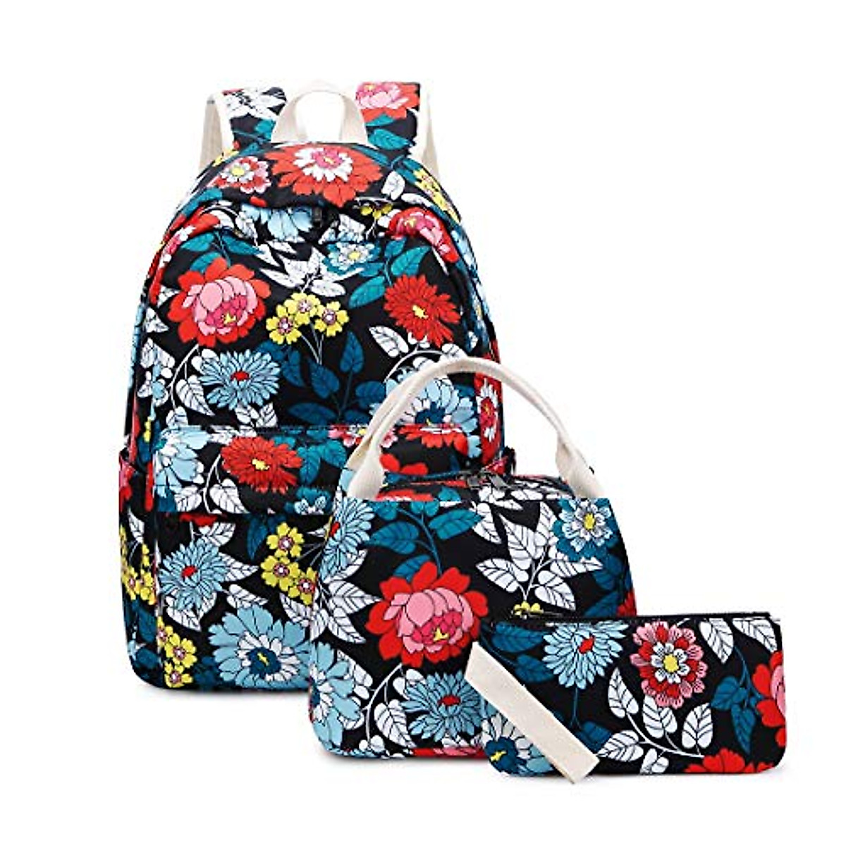 Joymoze Teen Girl School Backpack with Insulated Lunch Bag Pencil Purse Blue Flower One_Size