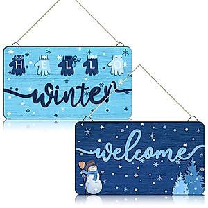Gerrii 2 Pcs Welcome Winter Signs Decoration Hello Winter Decor Wooden Hanging Sign with Rope Wreath Blue Christmas Decor Xmas Snowflake Snowman Rustic Farmhouse for Wall Door Indoor Outdoor Home