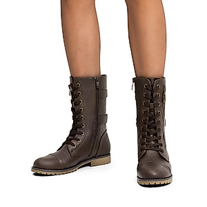 DREAM PAIRS Women's Combat Boots, Mid Calf Built-in Wallet Pocket Lace up Military Ankle Booties,Size 9.5,Brown,TERRAN