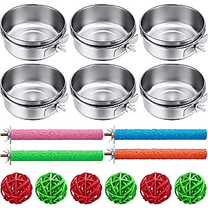 6 Pcs Bird Food Bowl Bird Feeding Dish Cups Stainless Steel Bird Water Feeder with Clamp 6 Rattan Balls and 4 Grinding Cage Perch Bird Toys Bird Perches for Budgies Parakeet Macaw Small Animals