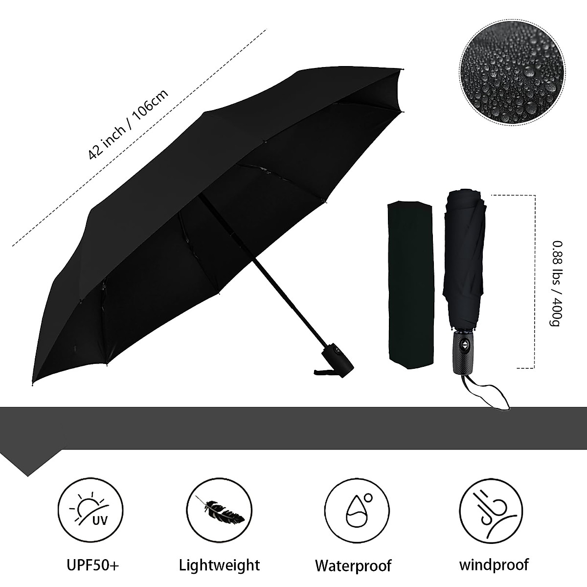 ALFROTEY Compact Travel Umbrella for Rain Portable Automatic Open and Close Windproof Sun Umbrella UV Protection Lightweight Small Folding Car Umbrella for Women and Men (Black, L)