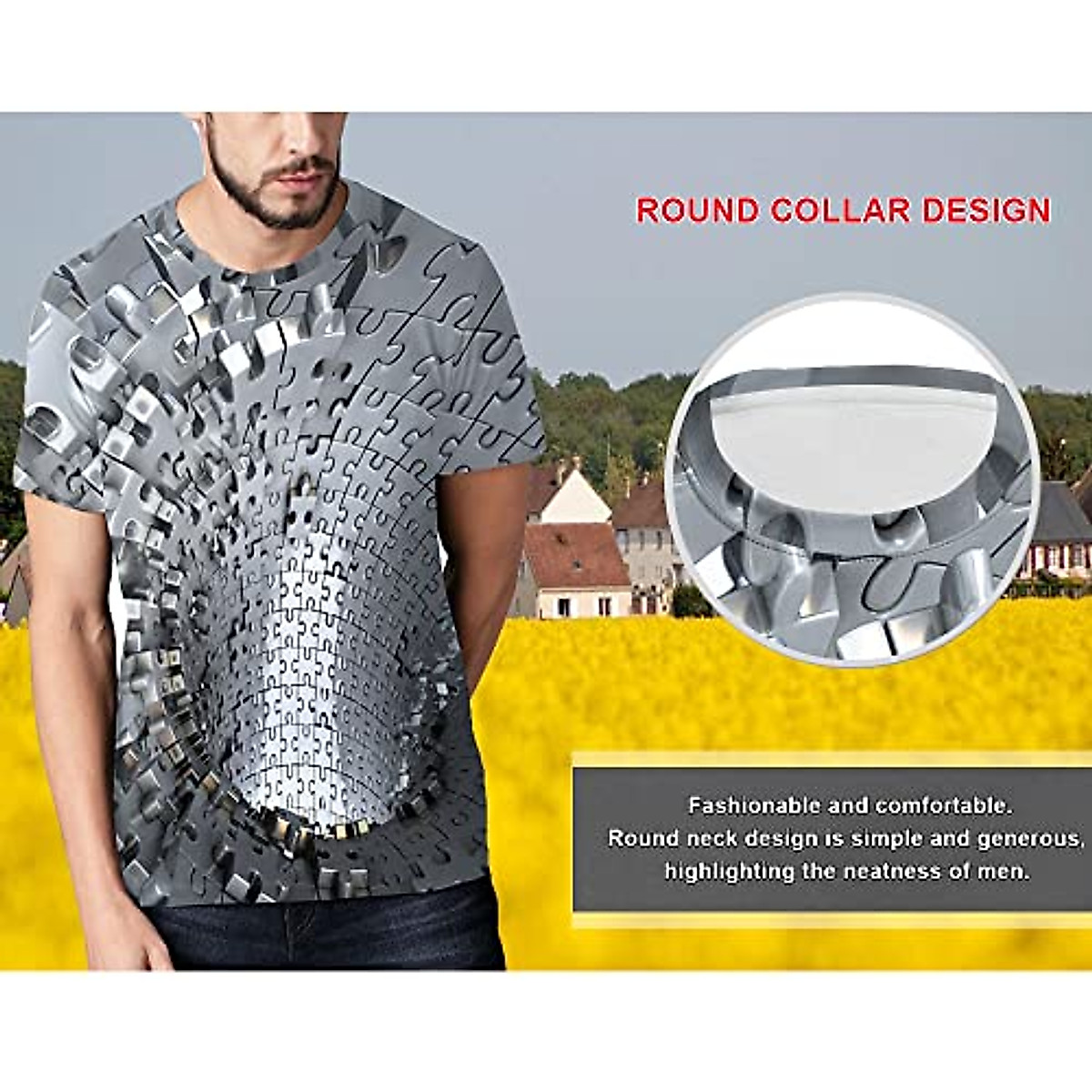 Men's Novelty T Shirt 3D Puzzle Swirl Printing Pattern Shirts Round Neck Casual Short-Sleeved for Men Grey