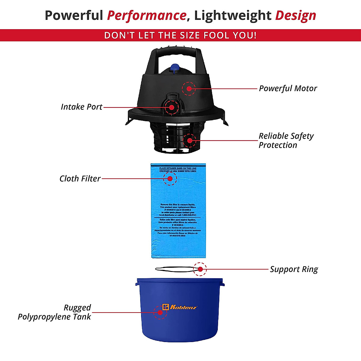 Koblenz WD-2.5 L Portable Wet/Dry, 2.5 Gallon 2.5HP Wall Mountable Vacuum, Blue+Black, 5 Year Warranty