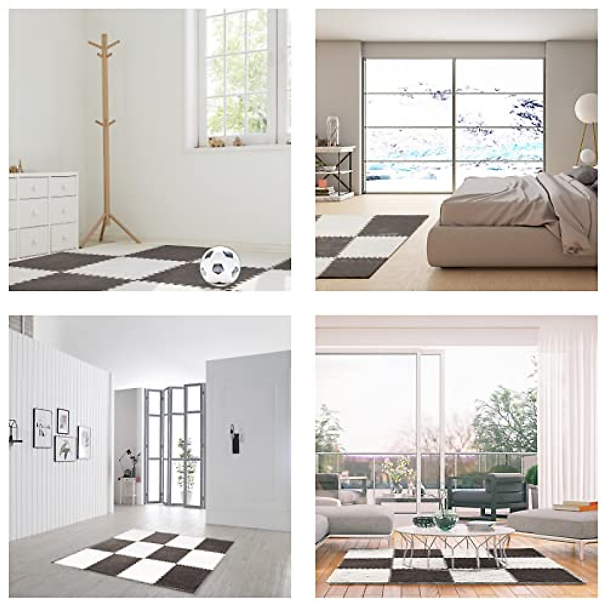 12PCS Plush Puzzle Foam Floor Mat for Kids- Thick Interlocking Fluffy Tiles with Border Square Rug Split Joint Soft Climbing Carpet Mats Shaggy Area Rug for Room Floor(11.8 Inch, White & Grey)