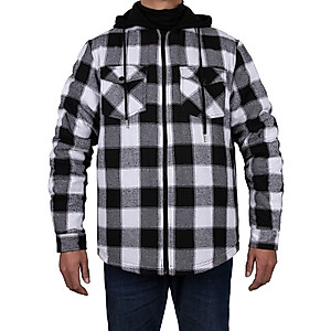 ZENTHACE Men's Sherpa Lined Full Zip Hooded Plaid Shirt Jacket Black/Grey XXL