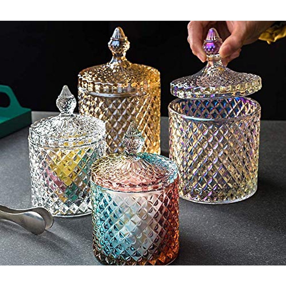 erioctry 300m/10oz Beautiful Crystal Glass Candy Dish with Lid Colorful Wedding Candy Box Sugar Bowl Tin Biscuit Barrel Decorative Jewelry Box