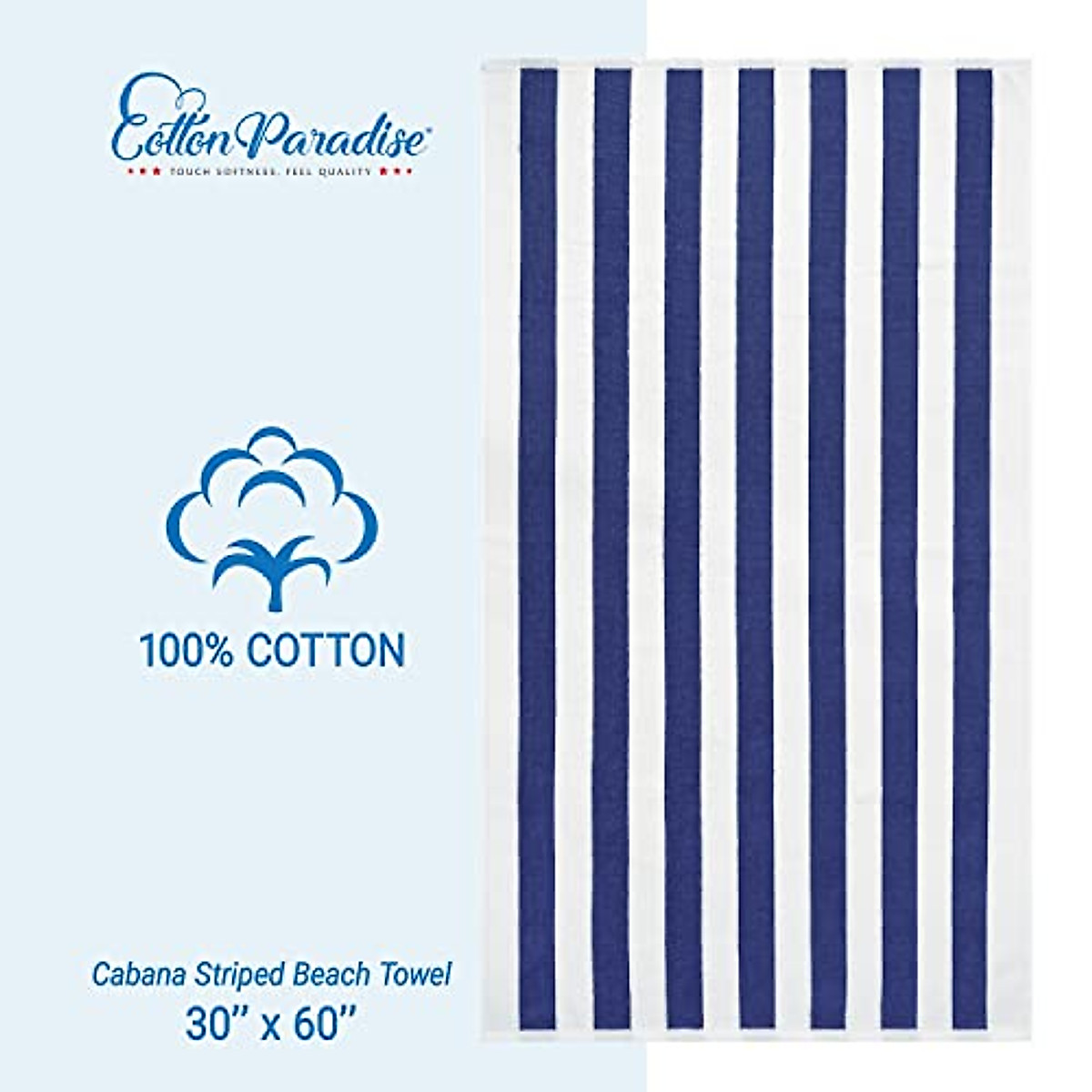 Cotton Paradise, Cabana Stripe Beach Towels, 100% Cotton Extra Large Pool Towels, Oversized Swim Towels, Soft Absorbent Quick Dry, Navy Blue