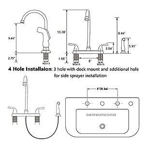 SHACO Stainless Steel Two Handle Kitchen Faucet with Sprayer,High Arch 360 Swivel Kitchen Faucet Side Sprayer for Sink 3 Hole 4 Hole