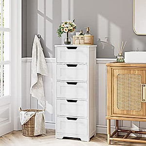 TTVIEW Bathroom Floor Cabinet with 5 Drawer Dresser, with Avoid-Tipping Device, White, Freestanding Side Tall Storage Cabinet Narrow Drawers for Small Spaces