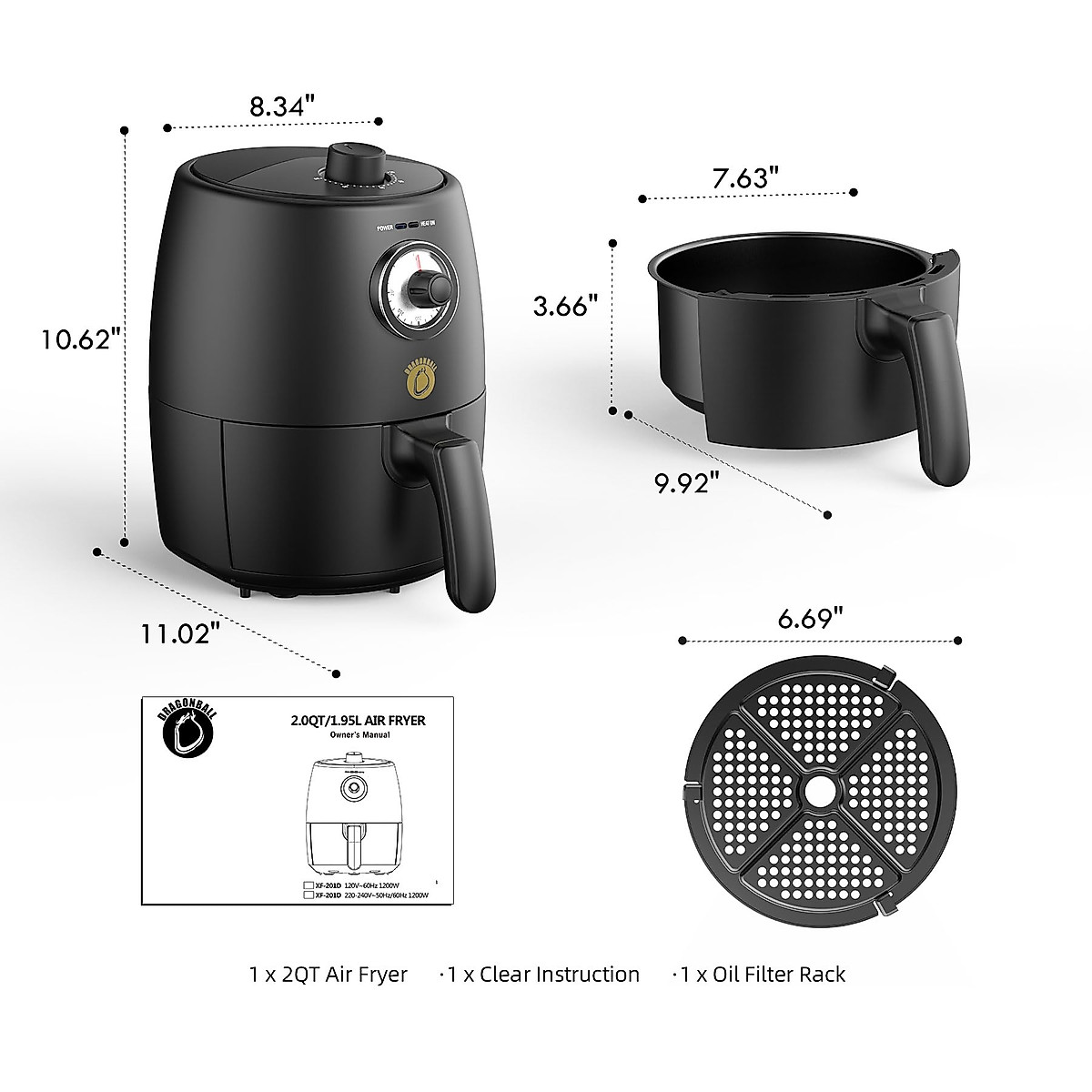 Dragonball Air Fryer 2 QT, Retro Air Fryer With Quick Set Time, Small Air Fryer For Two People, Non Toxic, Nonstick And Dishwasher-Safe, Mini Air Fryer 2 Quart, BlACK