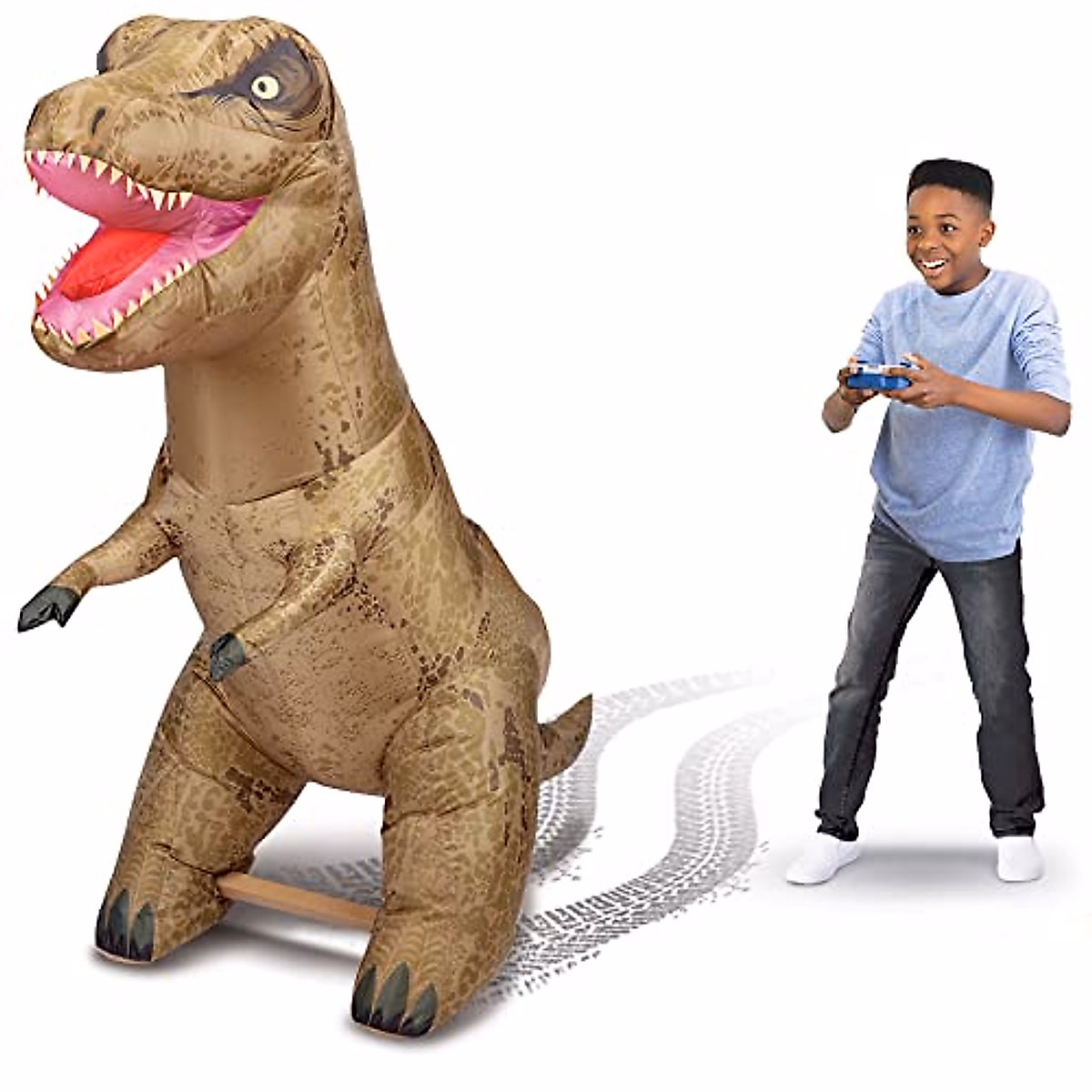 AIRTITANS Jurassic World Inflatable T Rex RC – Massive Attack Air Titans Dinosaur - Over 6 Feet Long - Turns & Spins - Stomps & Roars!