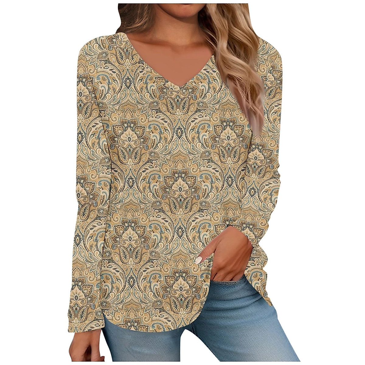 LTTVQM Blouses for Women Fashion 2023 Winter Trendy Long Sleeve Fashion Shirts Tops V Neck Tie Dye Long Sleeve T Shirts for Women Western Casual Shirt Tunic Or Tops to Wear with Leggings Khaki 2X