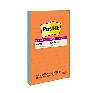 Post-it Super Sticky Lined Notes, 4 Sticky Note Pads, 4 x 6 in., School Supplies, Office Products, Sticky Notes for Vertical Surfaces, Monitors, Walls and Windows, Energy Boost Collection