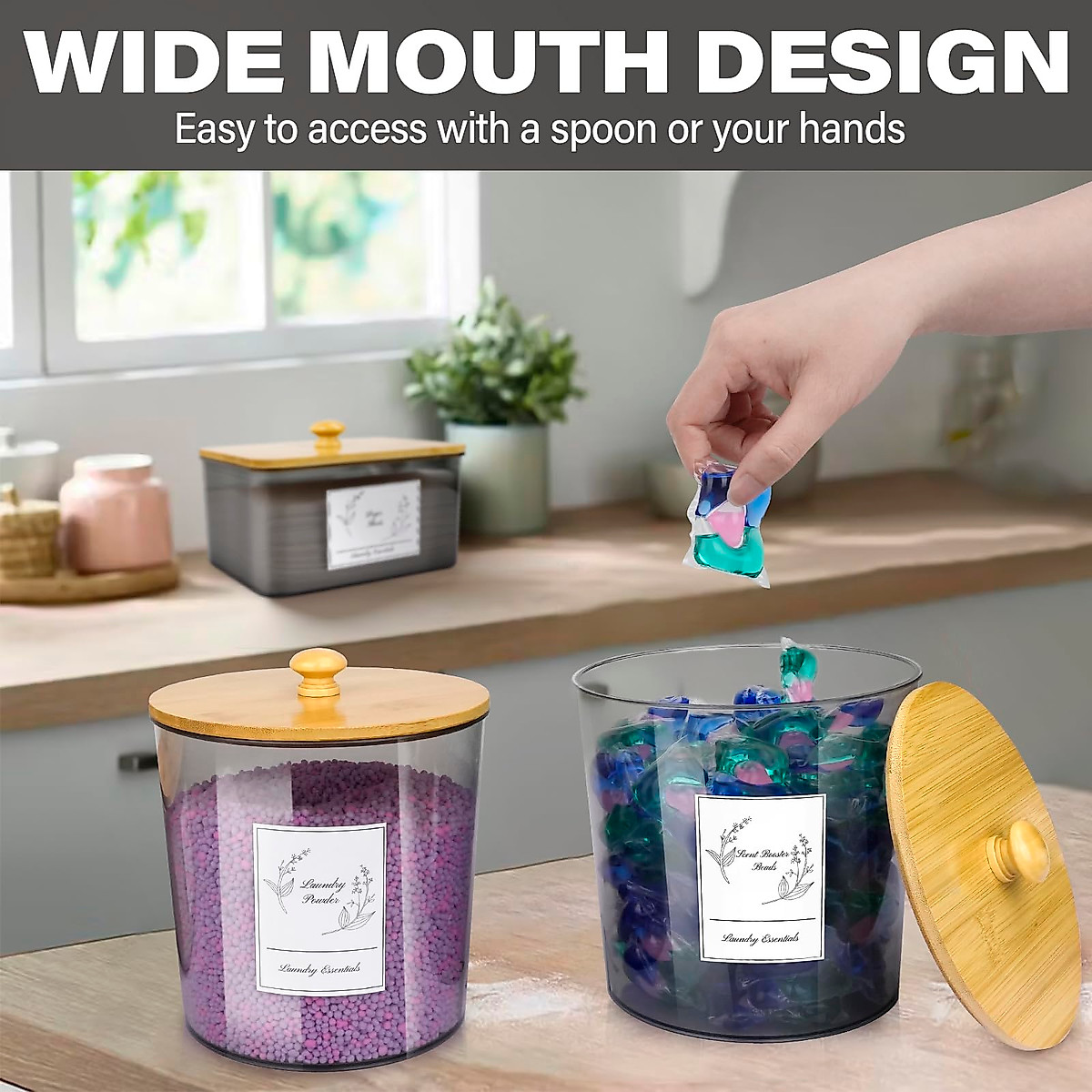 Zingbee 3 Pack Plastic Laundry Powder Container & Dryer Sheet Holder with Lids, Labels & Scoops - Laundry Detergent Organizer and Storage Jars for Pods,Beads, Soap, Scent Booster (Clear Grey)