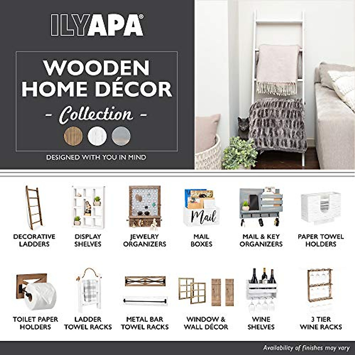 Ilyapa Blanket Ladder for the Living Room - Rustic Decorative Quilt Ladder, White Weathered Wood