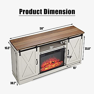 Amerlife Fireplace TV Stand Sliding Barn Door Wood Entertainment Center with a 23'' Electric Fireplace Insert, Modern Farmhouse Storage Cabinet Console for TVs Up to 65", Distressed White & Barnwood