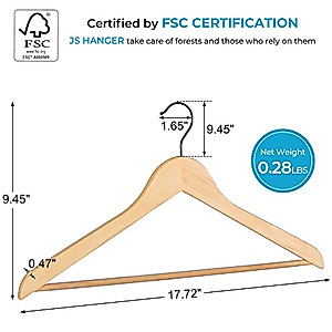 JS HANGER Wooden Coat Hangers, 16 Pack High Grade Wood Suit Hangers with Non Slip Pant Bar - Extra Smooth and Splinter Free, Unvarnished