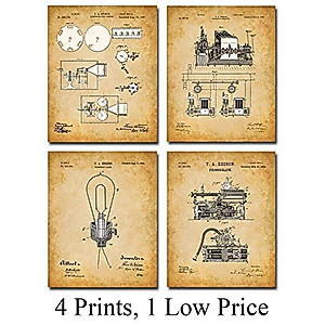 Original Thomas Edison Patent Prints - Set of Four Photos (8x10) Unframed - Makes a Great Home or Office Decor and Gift Under $20 for Inventors