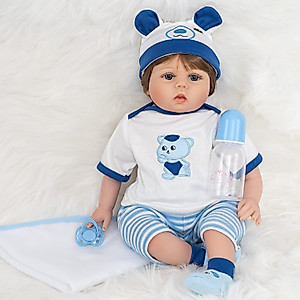 ENADOLL Reborn Baby Doll Realistic Silicone Vinyl Newborn Baby Boy 24 inch Weighted Cotton Body Lifelike Doll Gift Set for Ages 3+(Blue Bear)