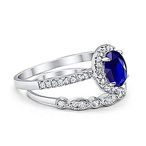 Halo 2-Piece Art Deco Wedding Engagement Bridal Set Ring Band Oval Simulated Blue Sapphire Round Cubic Zirconia 925 Sterling Silver, Size-6