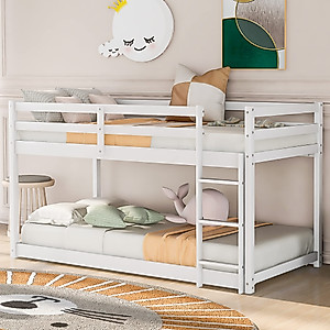 BIADNBZ Twin Over Twin Low Bunk Bed for Kids Teens Bedroom, Floor Wooden Bedframe with Built-in Ladder, Twin Size, White