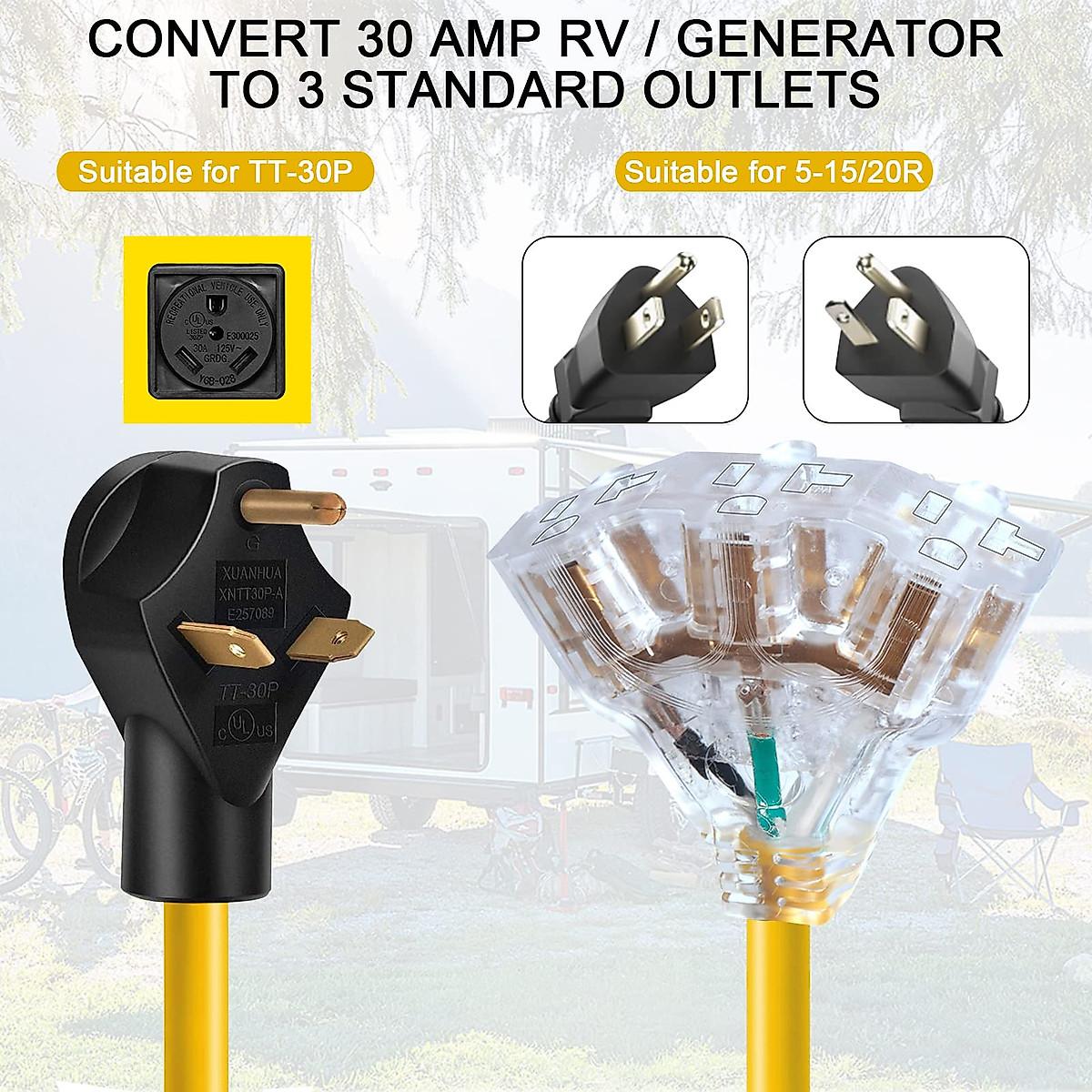 EXCELFU 30 Amp to 110 Adapter, 30 Amp to 15 Amp RV Adapter Extension Cord, NEMA TT-30P Male to 5-20r Female LIT 3-Way Outlet Splitter with Lighted End for RV Generators, 125 Volt, 10AWG, 2ft
