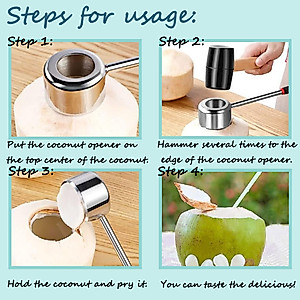 Coconut Opener Tools Set Super Easy to Open Coconuts Tool Food Grade Stainless Steel Coconut Opener Set Rubber Mallet with Handle Meat Removal Scraper