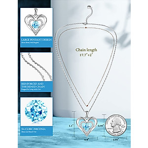 925 Sterling Silver Heart Necklace for Women Love Pendant Shiny Large Creat Aquamarine Birthstone Necklace Jewelry Valentine's Day Birthday Mothers Day Gifts for Mom Her Women Wife