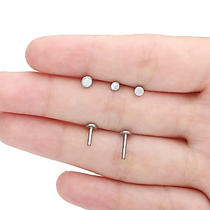 VOJO Tragus Labret Threadless Push in Cartilage Nose Studs G23 Titanium 20G Medusa Piercing Jewelry, Flat Backed Earrings for Helix (20G 6/6/8mm, White Opal)