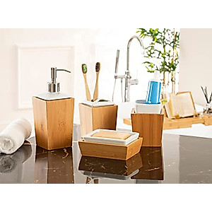 Homiu Bath Set Bamboo and Porcelain, 4 Piece Soap Dish, Toothbrush Holder, Tumbler, Liquid Soap/ Lotion Dispenser, Bathroom Accessories Modern Design, White