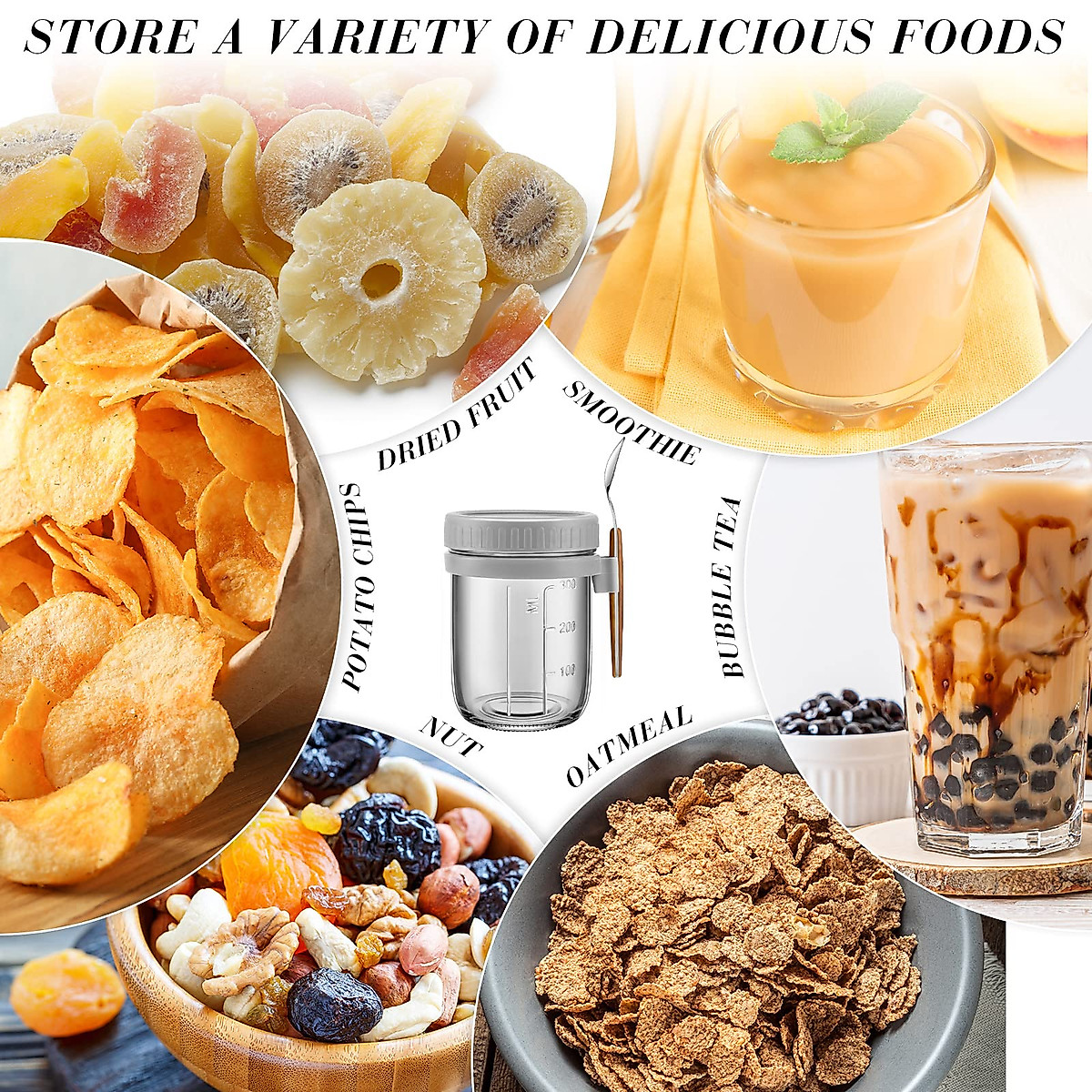 Sieral Set of 4 Overnight Oats Jars with Lid and Spoon Containers 10 oz Airtight Measurement Marks Large Capacity Reusable Oatmeal Container Salad Cup for Cereal Yogurt Milk Vegetables