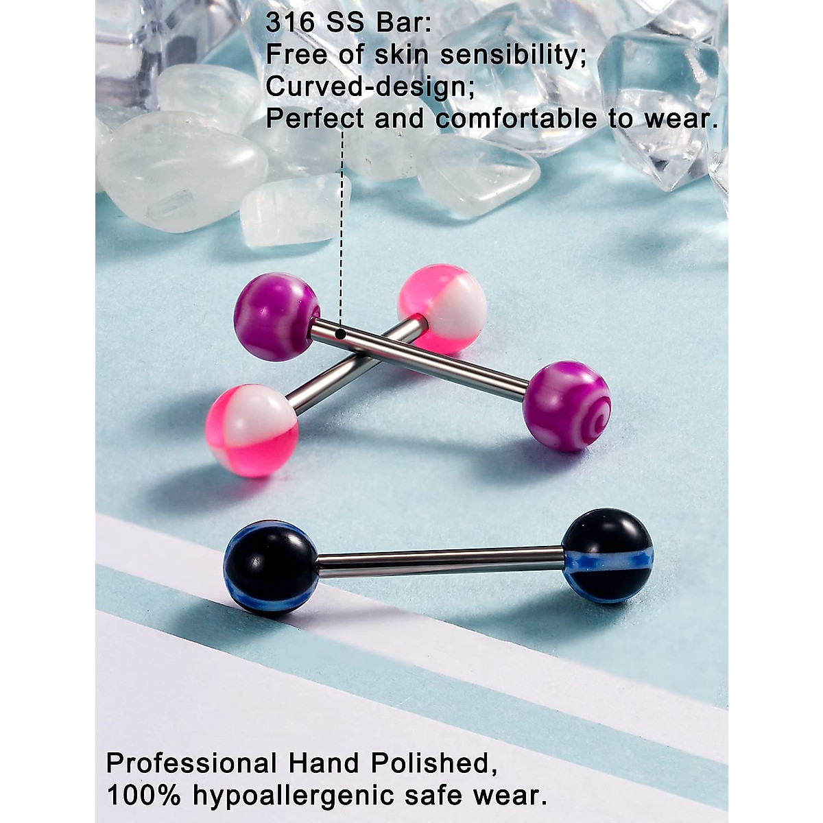 Heienngy 14g Tongue/ Nipple Rings 100pcs for Women Men Surgical Stainless Steel /Nipple Piercing Jewelry Plastic Metal 16MM Acrylic Straight Barbells Body Piercing Jewelry