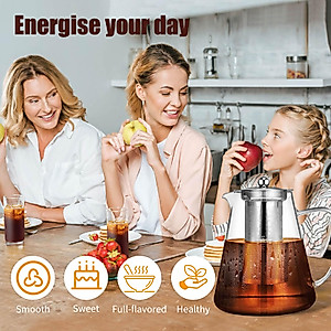 44 OZ Glass Tea Pot with Lid, Stovetop Safe Tea Kettle Pot with Removable Stainless Steel Filter, Glass Water Pitcher for Beverage, Milk, Lemonade and Coffee, Tea Maker