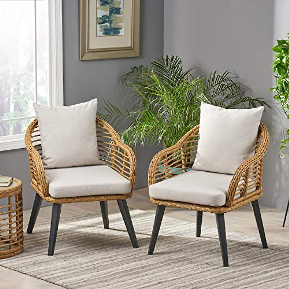 Becky Indoor Wicker Club Chairs with Cushions (Set of 2), Light Brown and Beige