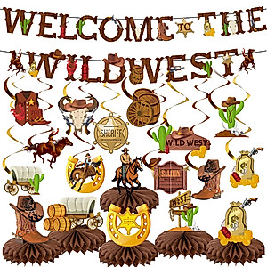 Western Cowboy Party Decorations Western Banner Wild West Hanging Swirls Cowboy Honeycomb Centerpieces for Cowboy Theme Birthday Baby Shower Party Supplies