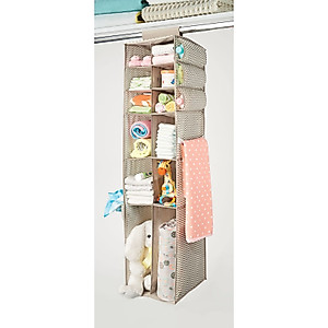 mDesign Long Soft Fabric Over Closet Rod Hanging Storage Organizer with 12 Divided Shelves, Side Pockets for Child/Kids Room or Nursery, Store Diapers, Wipes, Lotions, Toys - Taupe/Natural