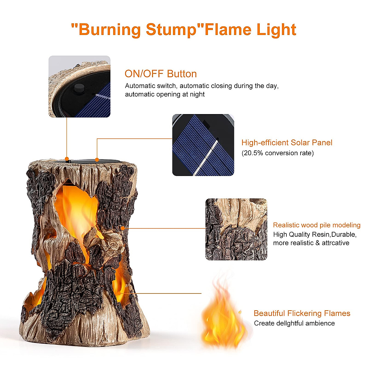 Fire Lights Outdoor Flickering, Solar Lights Outdoor Garden, Flickering Flame Solar Stump Light , Patio Lights Outdoor Waterproof , Solar Flame Lights Outdoor, Fake Campfire