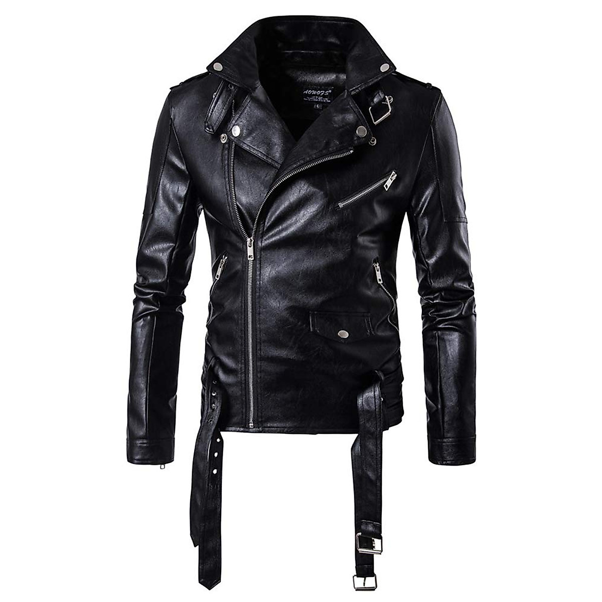 PASOK Men's PU Leather Jacket Causal Belted Faux Leather Motorcycle Jacket Zipper Biker Coat Black XL