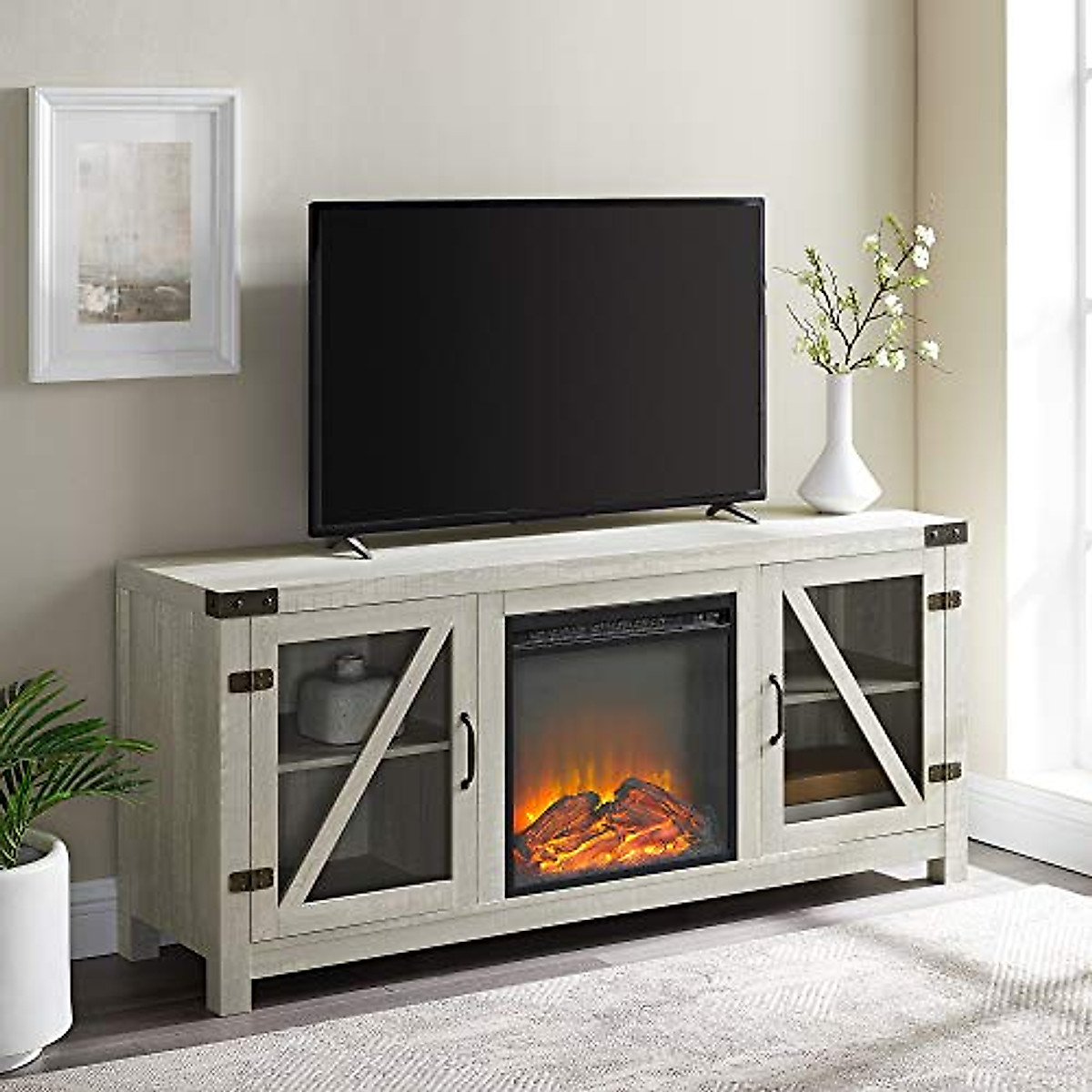 Walker Edison Farmhouse Barn Door Wood and Glass Fireplace TV Stand for TV's up to 64" Flat Screen Living Room Storage Cabinet Doors and Shelves Entertainment Center, 58 Inch, Stone Grey