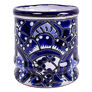 Genuine Mexican Kitchen Talavera Utensil Holder Hand Painted Pottery Ceramic for Kitchen Utensil Crock Spoon Rest Handmade in Mexico by Artisans (Blue)