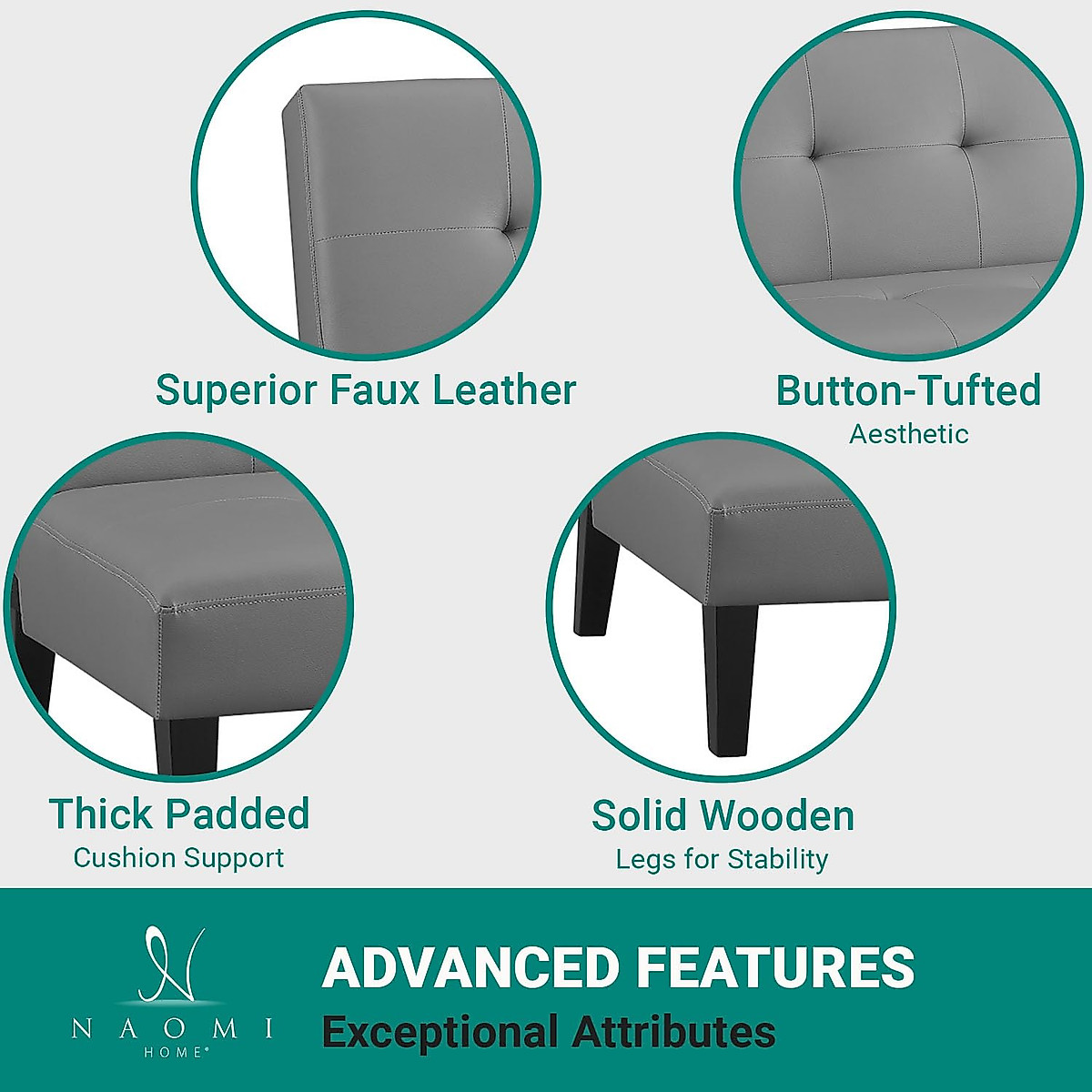 Naomi Home Gray Faux Leather Futon Sofa Bed, Modern Convertible Sofa with Wooden Legs, Reclining Small Couch Bed, Durable and Sturdy, 66'D x 32'W x 31'H