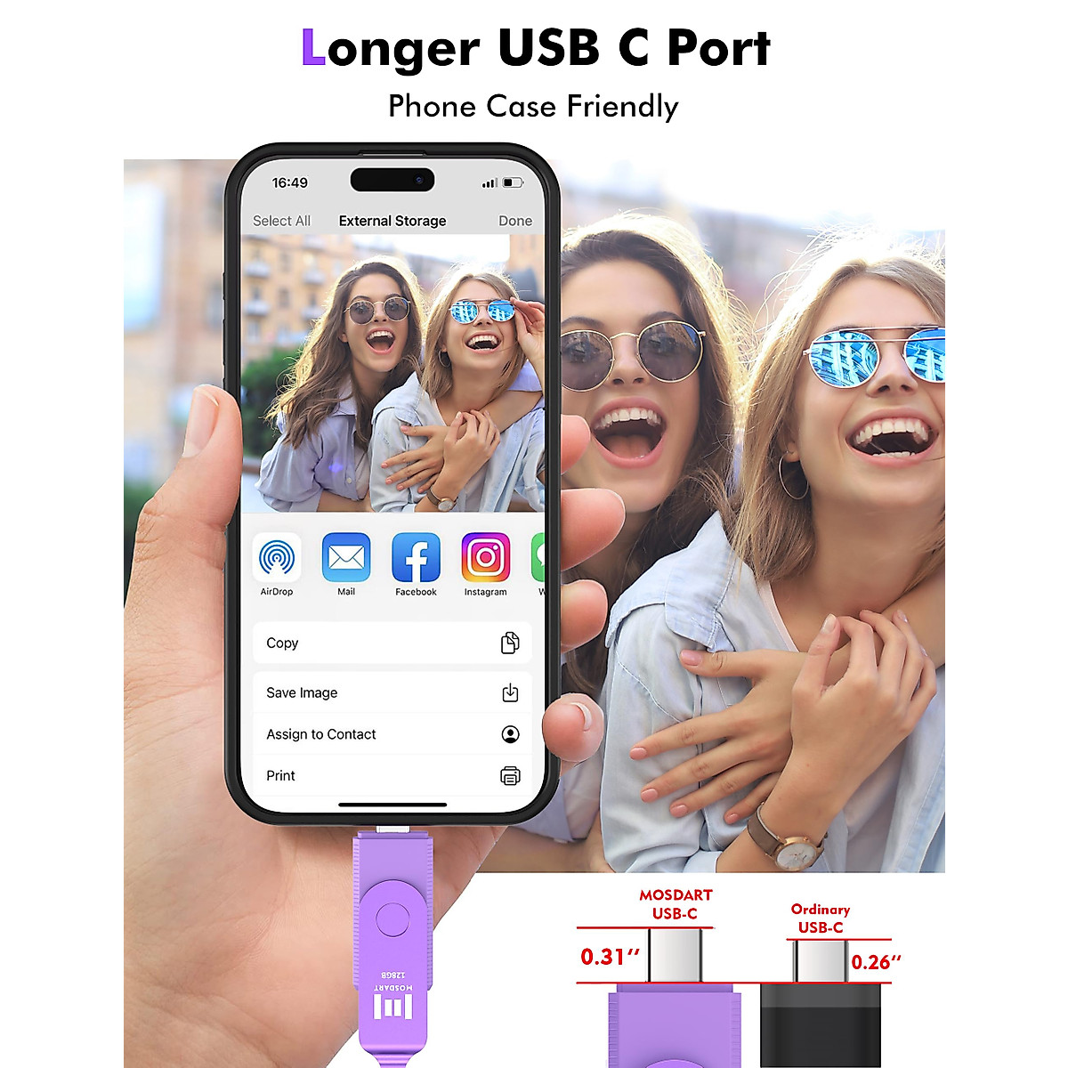 MOSDART 128GB USB C Dual Flash Drive Speed Up to 150MB/s with Keychain - 2 in 1 OTG USB 3.1 Type-C Thumb Drive Memory Stick for USB-C Android Phones, iPhone 15, MacBook, iPad, Computers, etc. Purple