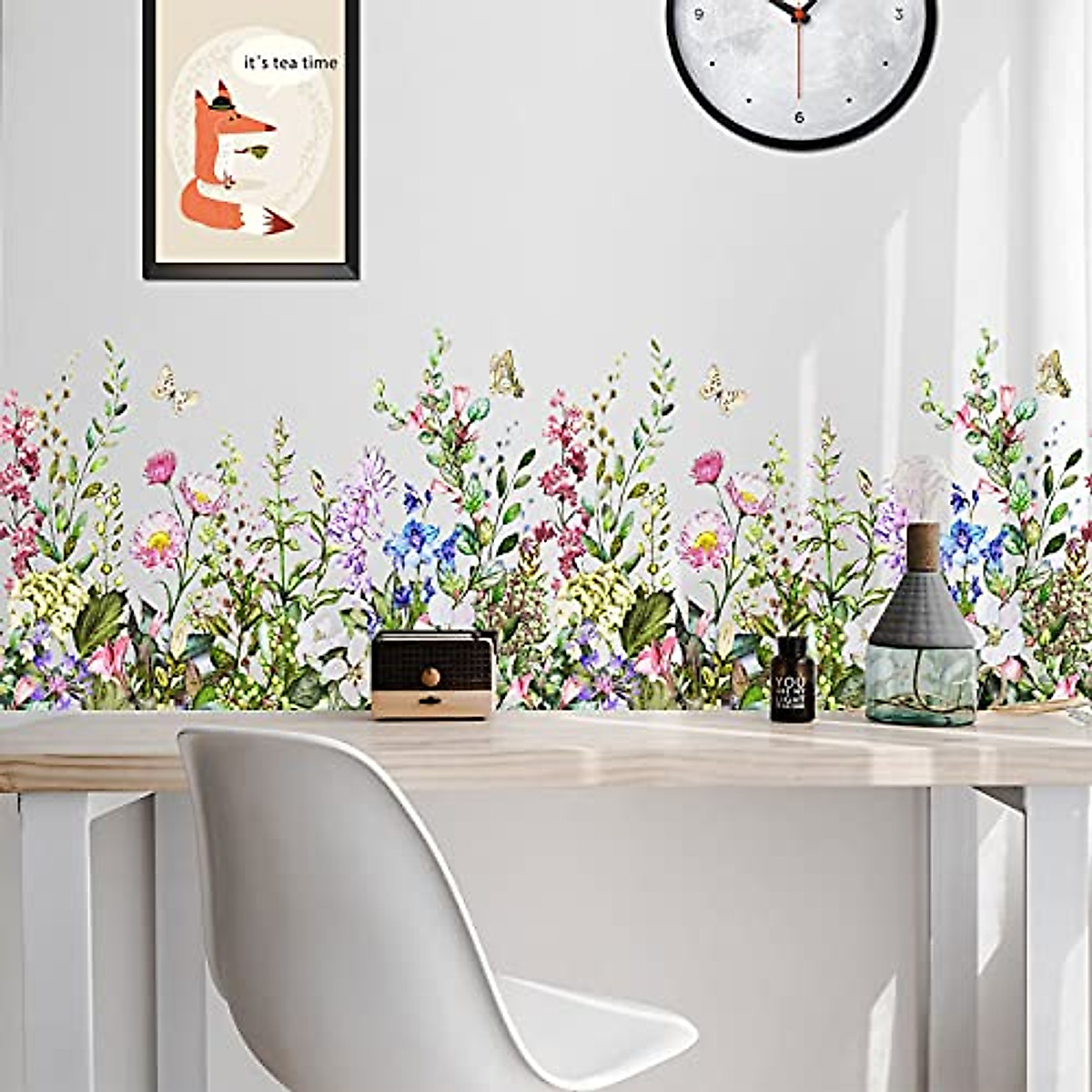 Colorful Flowers Wall Stickers, ULENDIS Peel and Stick Green Plants Flower Grass Butterfly Wall Decals, DIY Removable Wall Art Sticker Decals Decor for Kids Babys Bedroom Living Room Nursery