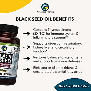 Amazing Herbs Premium Black Seed Oil Capsules - High Potency, Cold Pressed Nigella Sativa Aids in Digestive Health, Immune Support & Brain Function - 60 Count, 1250mg